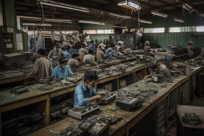 Electronic Recycling Facility, with Workers Dismantling and Disposing ...