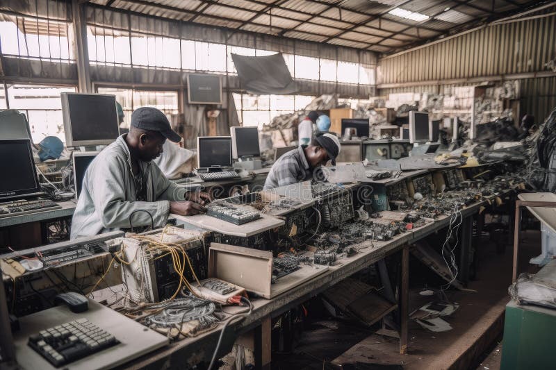 Electronic Recycling Facility, with Workers Sorting and Dismantling E ...