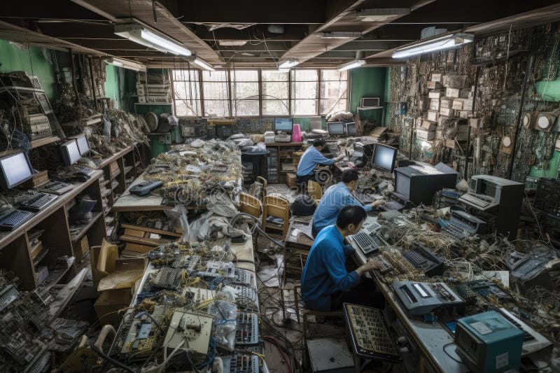 Electronic Recycling Facility, with Workers Sorting and Dismantling E ...