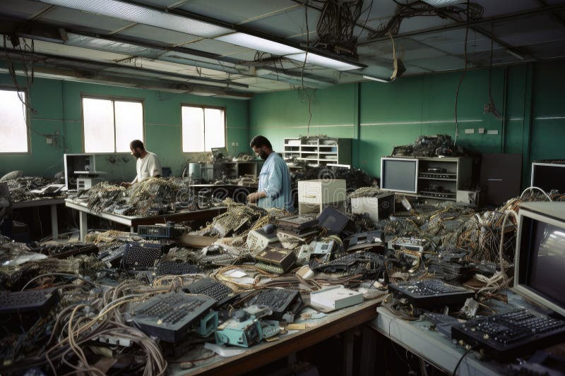Electronic Recycling Facility, with Workers Sorting and Dismantling E ...