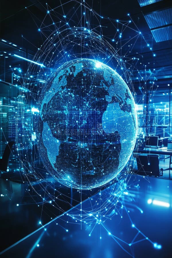 An Electronic Rendering of the Earth Set Against a Blue Tech Background ...