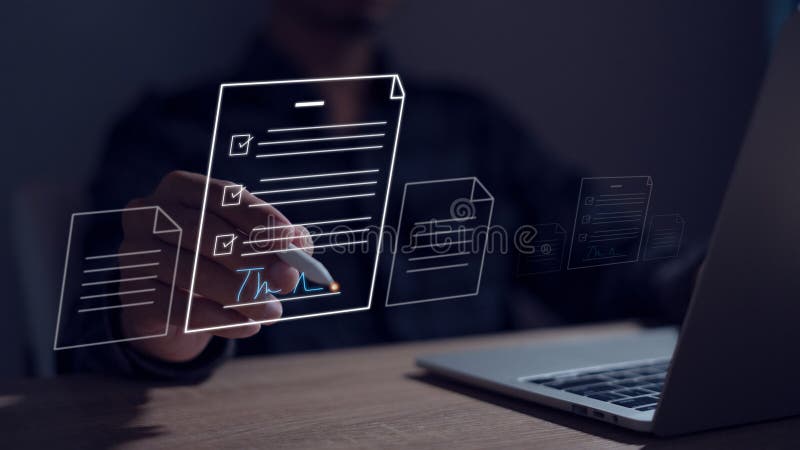 Electronic Signature Businessman Signs Electronic Document in Digital ...