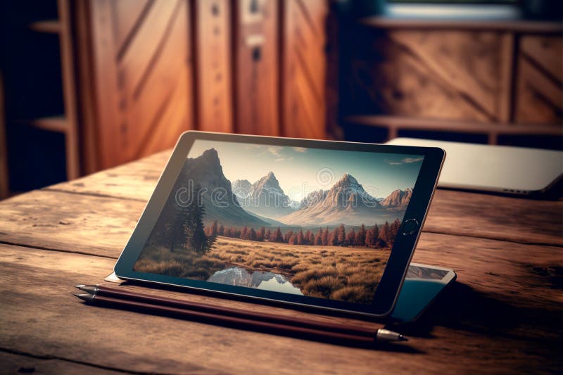 An Electronic Tablet with a Sleek Display Rests on a Rustic Wooden ...