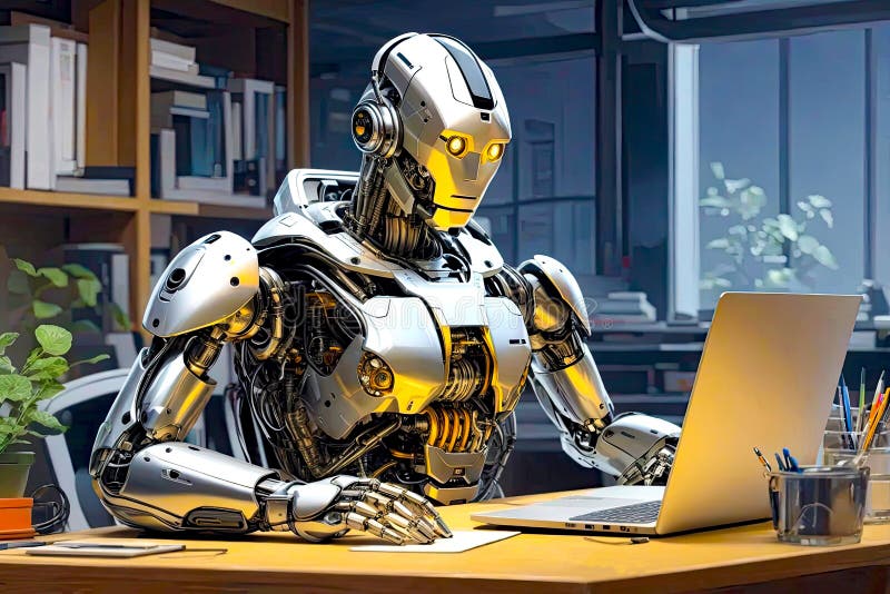 Robot and Laptop. the Robot Works on a Laptop in the Office. Future ...