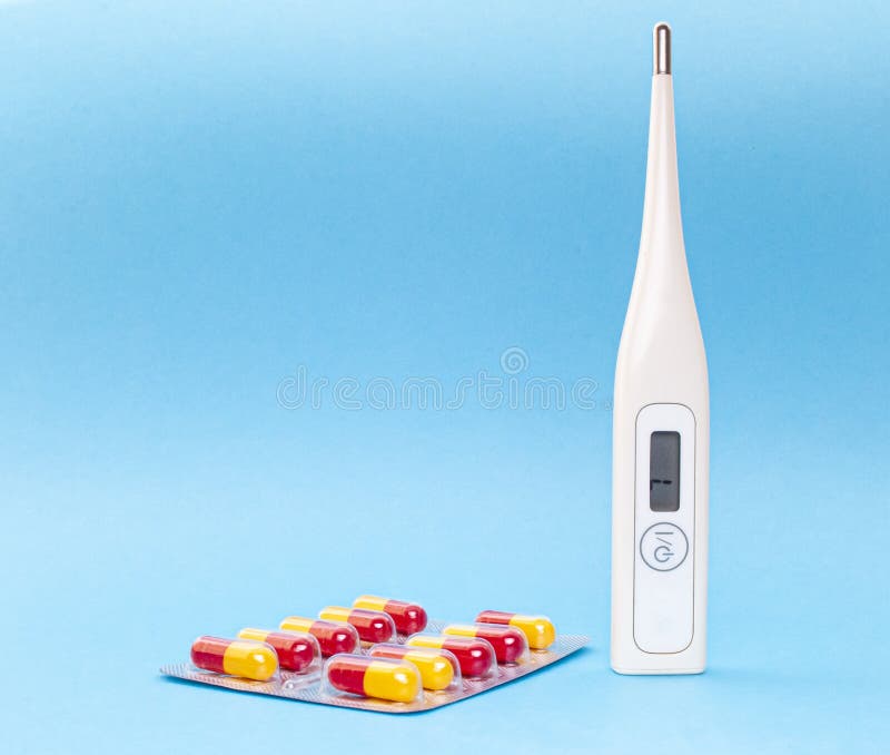 Electronic Thermometer and Pills Stock Photo - Image of measuring, font ...
