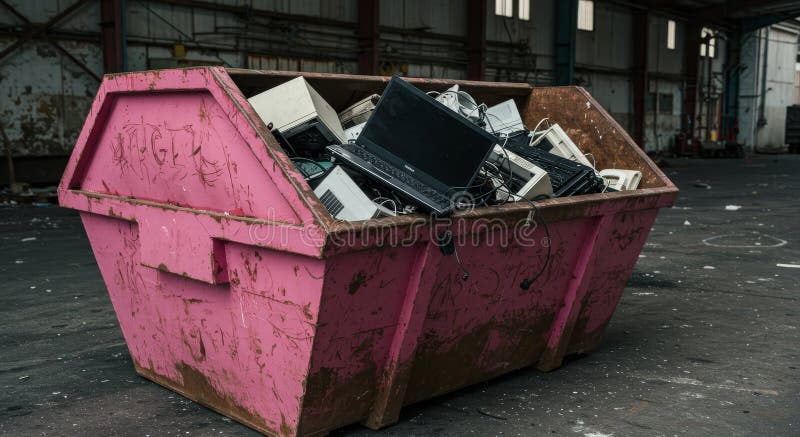 Electronic Waste Disposal Bin a Pink Dumpster Overflowing with ...