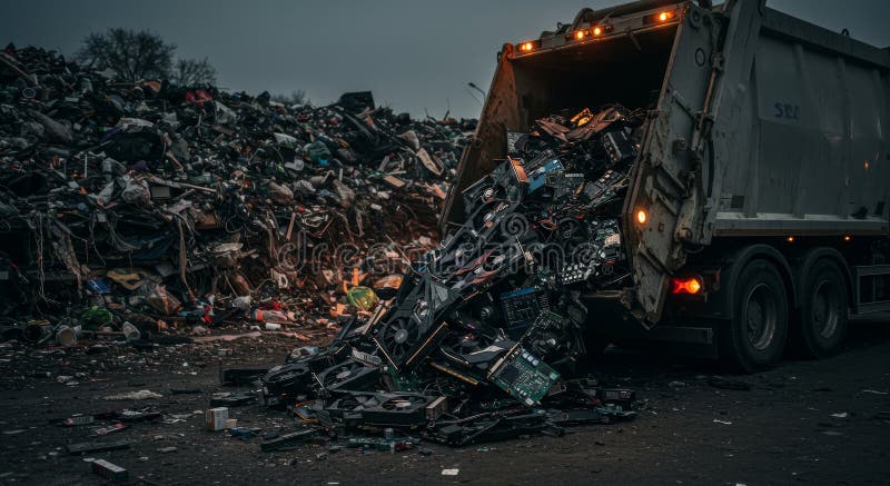 Electronic Waste Disposal Dump Truck a Garbage Truck Unloads a Large ...