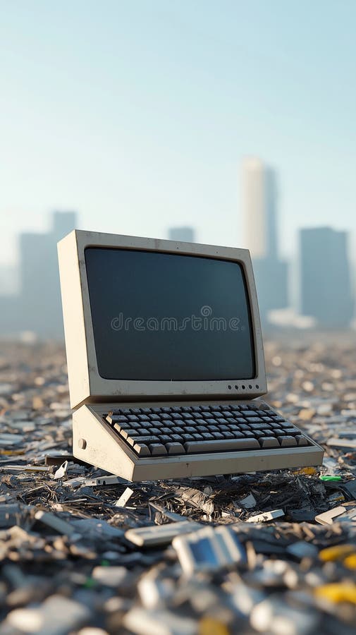 Electronic Waste Pile Featuring Discarded Vintage Computer Hovering ...