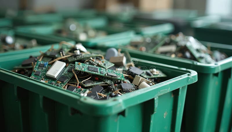 Electronic Waste Recycling Containers in Industrial Setting. Circuit ...