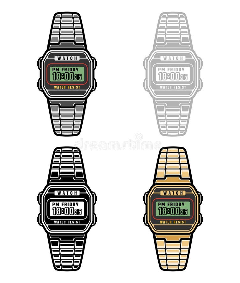 Electronic Wrist Watch Vector Set of Objects in Four Styles Isolated on ...