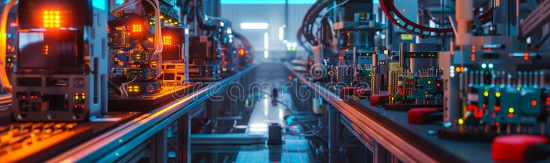 An Electronics Assembly Line with Soldering Stations and Circuit Board ...