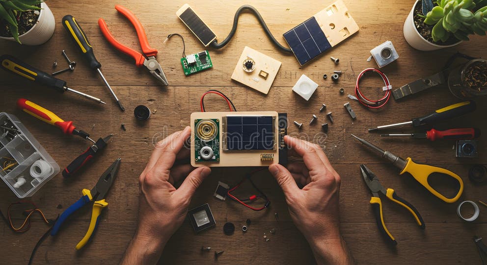 Electronics Assembly: Solar Panel Project on Wooden Workbench with ...