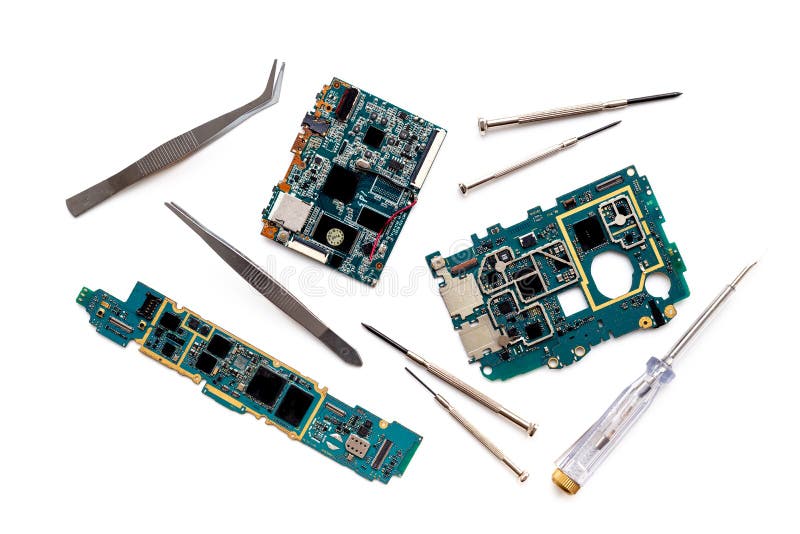 Electronics Checkup - Circuit Board with Microchips and Tools, Top View ...