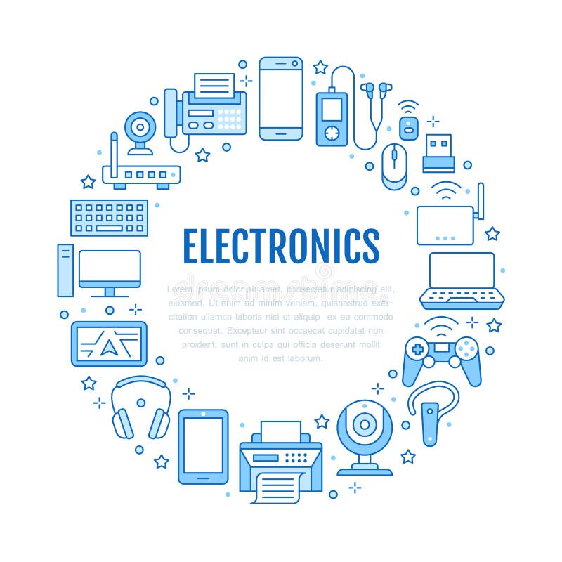 Electronics Circle Poster with Flat Line Icons. Wifi Internet ...
