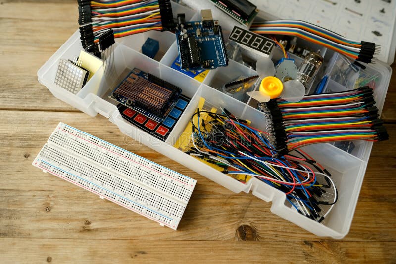 Electronics Components Breadboard in Box with Jumper Wires and Breadboard, Symbolizing DIY ...