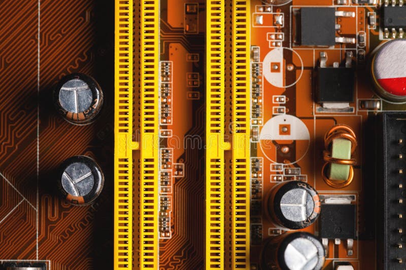 Electronics Components on the Motherboard of a Modern Computer with a ...