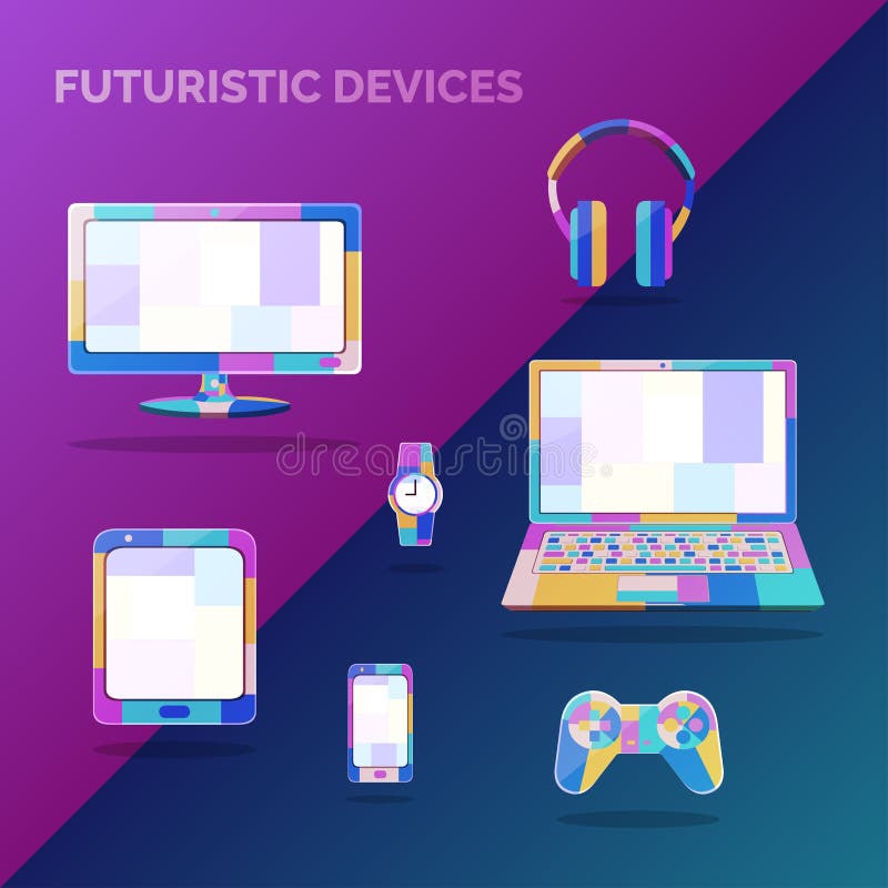 Futuristic Colourful Electronics Devices, Set of Monitor, Laptop ...