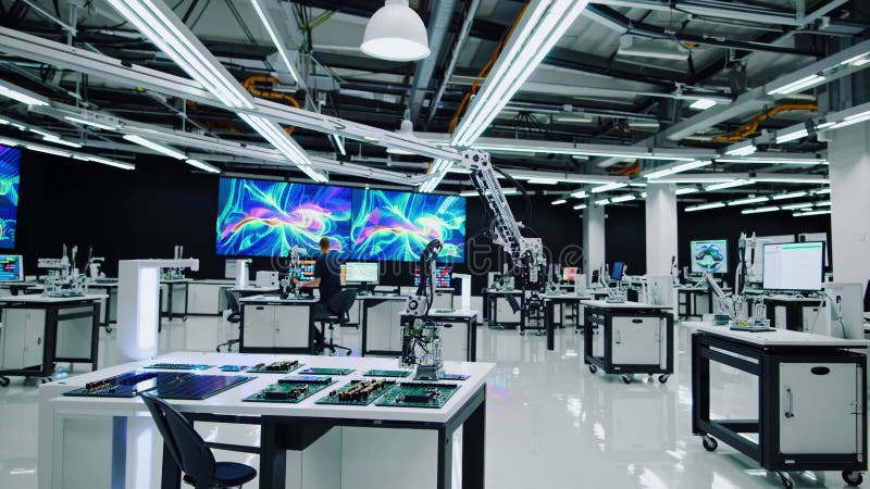 Electronics Engineer Analyzing Digital Data Using Advanced Robotic Arms ...