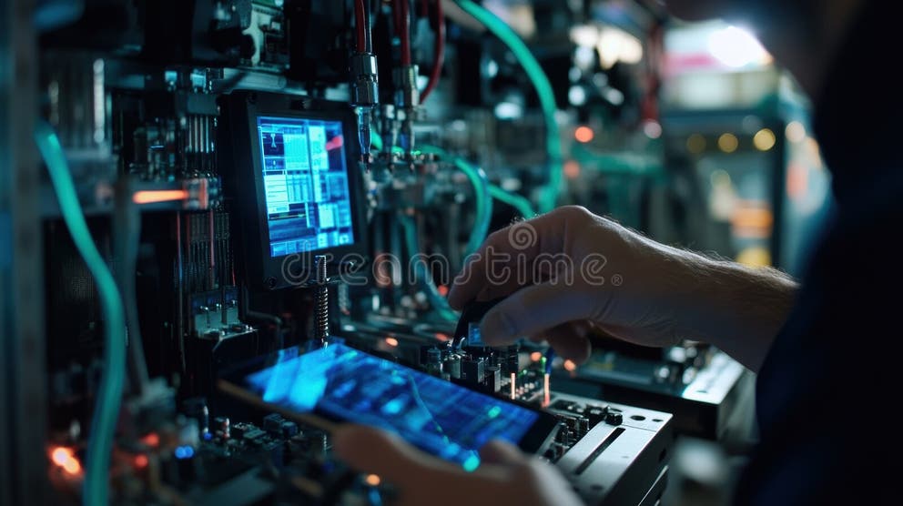 Electronics Engineer Installing Microchip, Using Tablet Computer and Monitoring System Stock ...