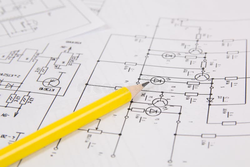 Electronics and Engineering. Pencil on Printed Drawings of Elect Stock ...