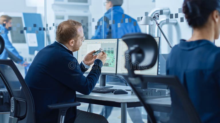 Electronics Factory: Male Electrical Engineer Holds PCB Prototype ...