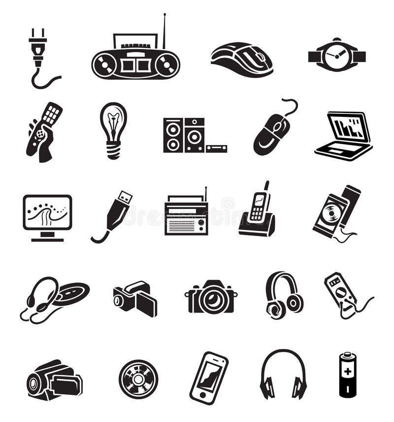 Electronics Icon Set. Black Sign on White Background Stock Illustration ...