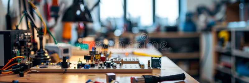 Electronics Lab with Various Tools and Components on Workbenches ...