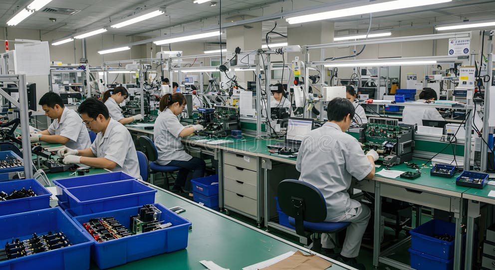 High-Tech Electronics Factory Assembly Line Workers Manufacturing ...