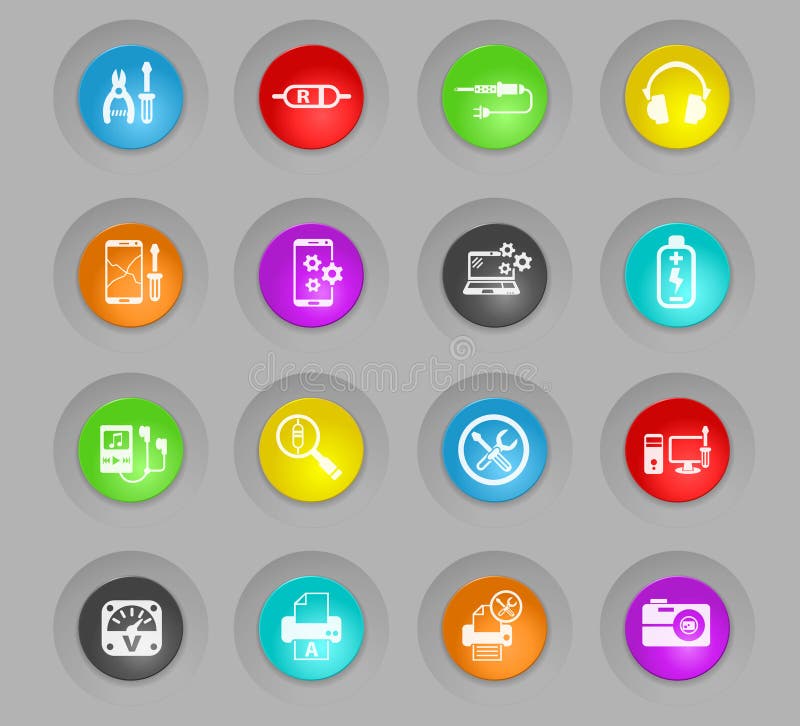 Electronics Repair Colored Plastic Round Buttons Icon Set Stock Vector ...