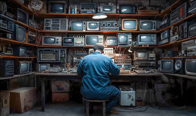 Electronics Repair Technician Working in a Vintage Workshop Stock Image ...