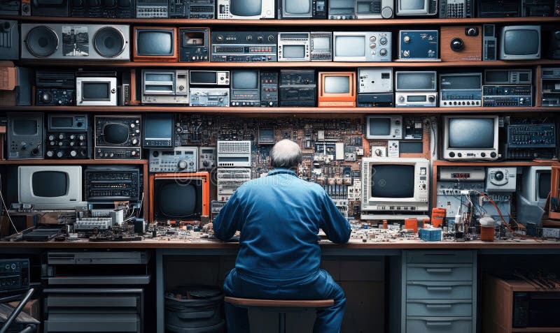 Electronics Repair Technician Working in a Vintage Workshop Stock Image ...