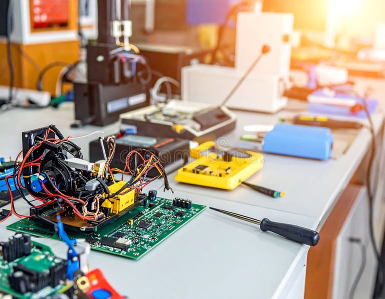 Electronics Repair Workspace. Closeup of Circuit Boards, Wires and Tools Implying Technology ...