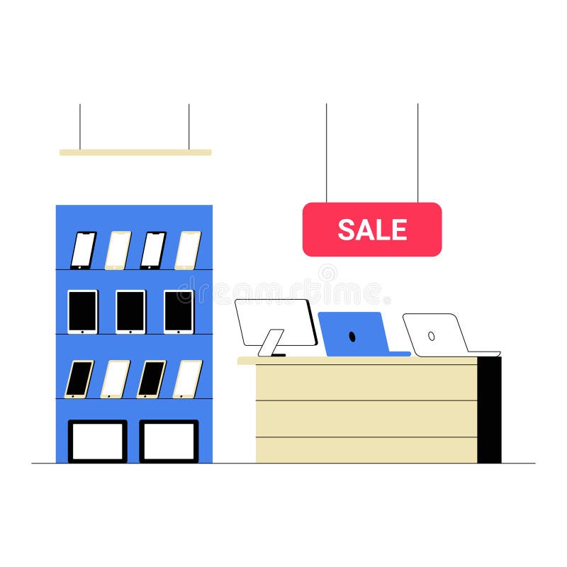 Electronics Store Counter with Laptops and Smartphone Display Shelf in ...