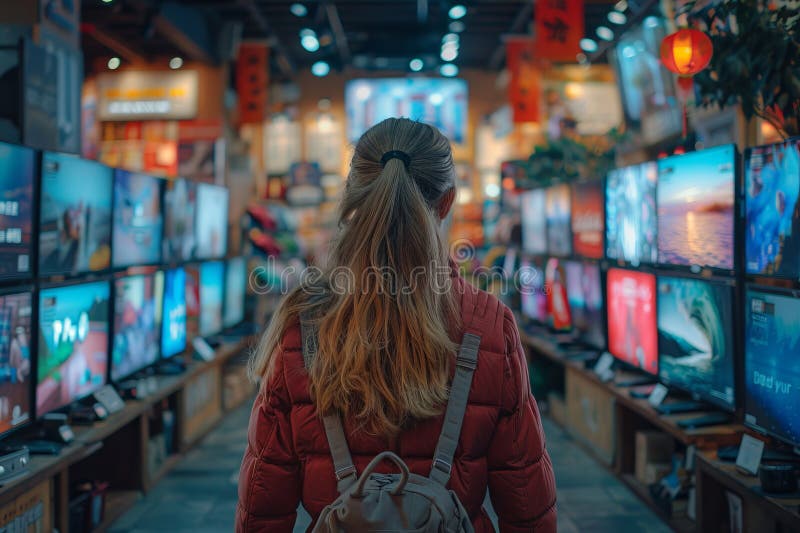 In an Electronics Store, a Customer is Exploring Various Television ...