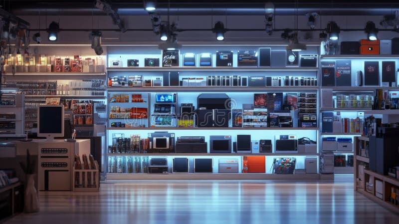 Electronics Store Interior with Display Shelves and Merchandise Stock ...