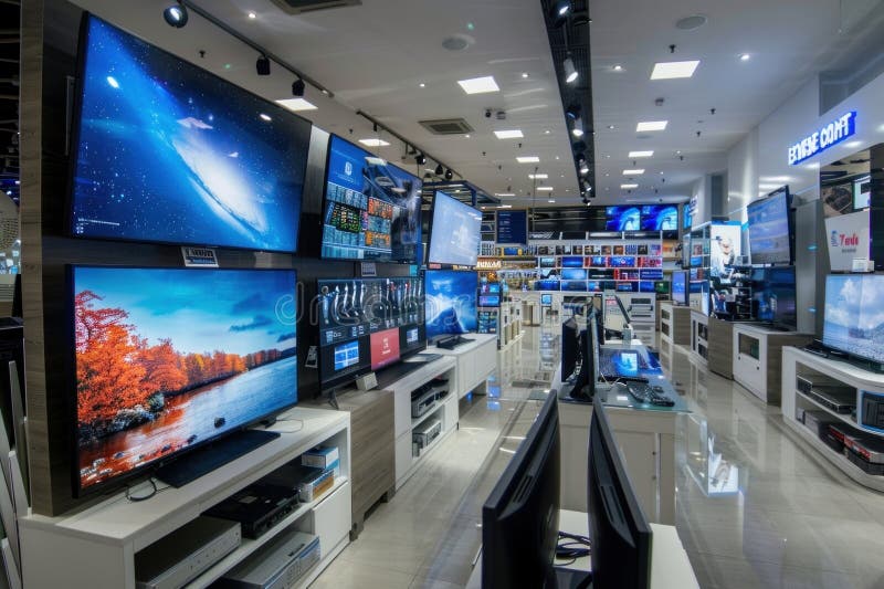Electronics Store Interior with Large 4k Ultra HD Televisions on ...