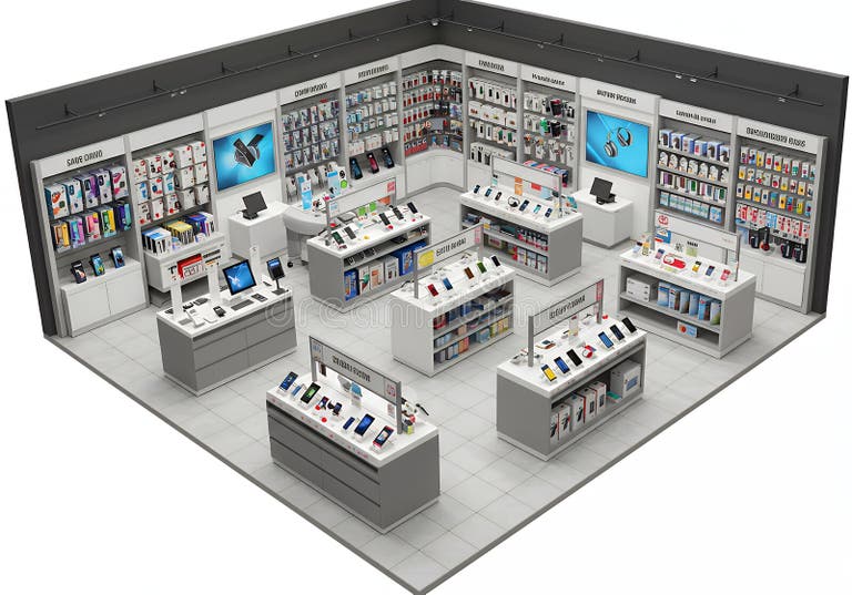 Electronics Store with Multiple Devices and Accessories Displayed on Counters and Shelves Stock ...