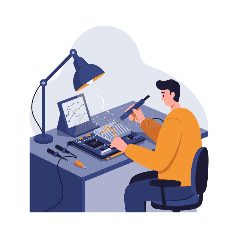 Electronics Technician Repairing Circuit Board at Workbench with Desk ...