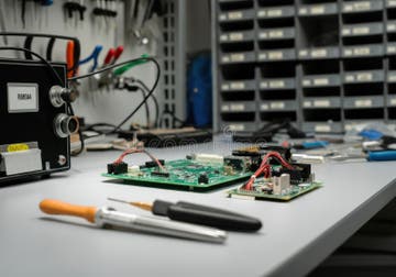 Electronics Workbench with Circuit Boards and Tools for Repair and Assembly Stock Image - Image ...