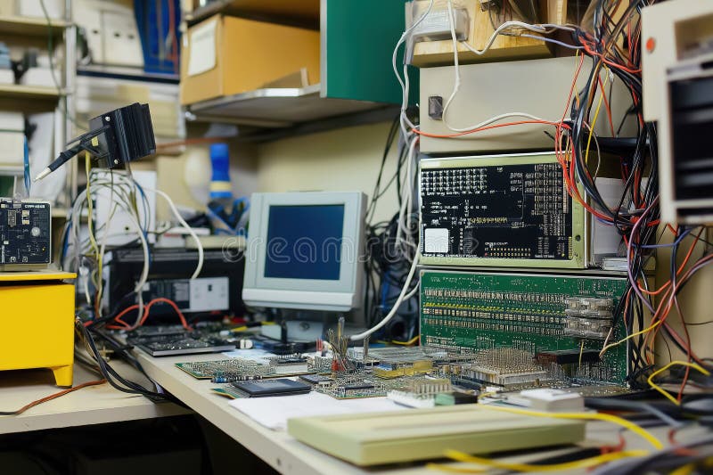 Electronics Workshop with Vintage Computer and Circuit Boards, AI ...