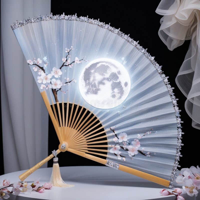 An Elegance Chinese Fan with Moon Theme and Little Accessories Stock ...