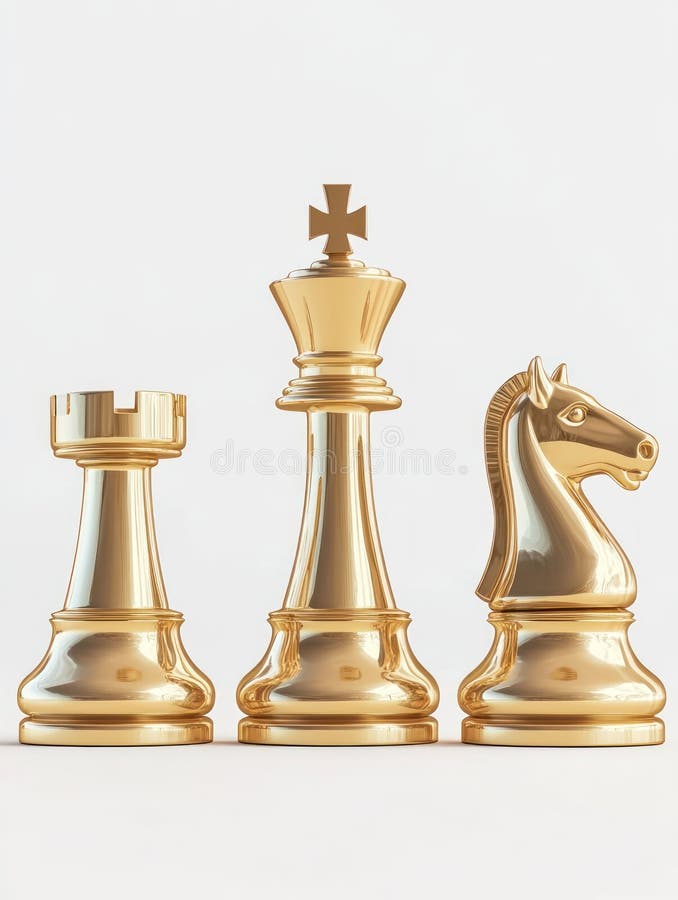 Elegance of Golden Chess Pieces Featuring King, Queen, and Knight Stock ...