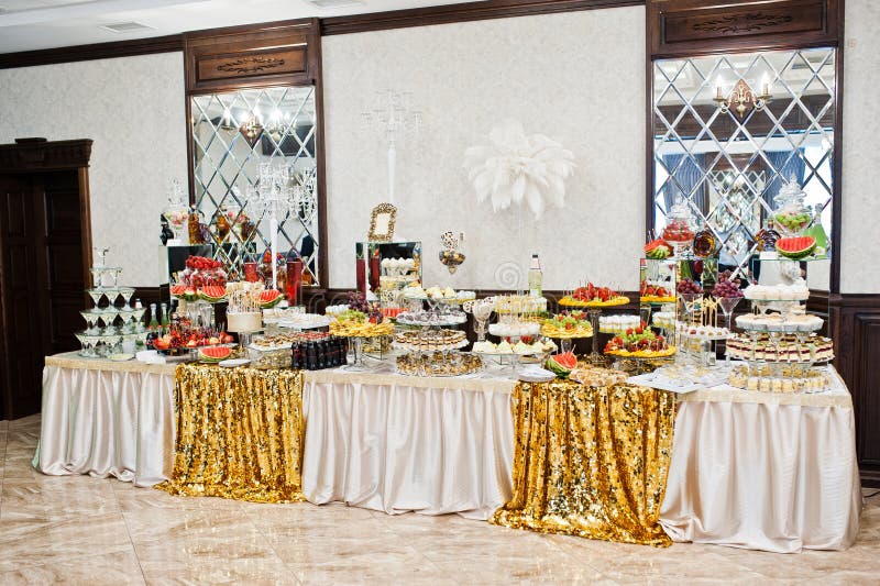 Elegance Golden Table of Different Catering at Wedding Reception Stock ...