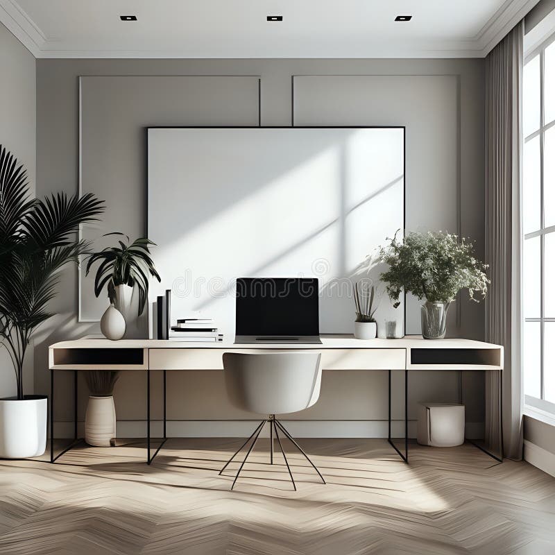 Elegance Home Office Interior with Laptop Mockup and Empty Space on ...
