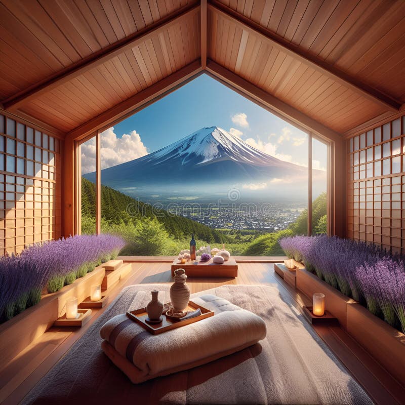 Elegance at Home: Spa with Panoramic Mount Fuji View. Stock ...