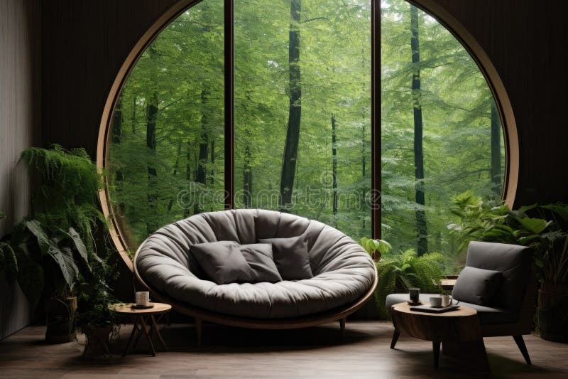 Elegance and Nature: Living Room with Arched Window Stock Illustration ...