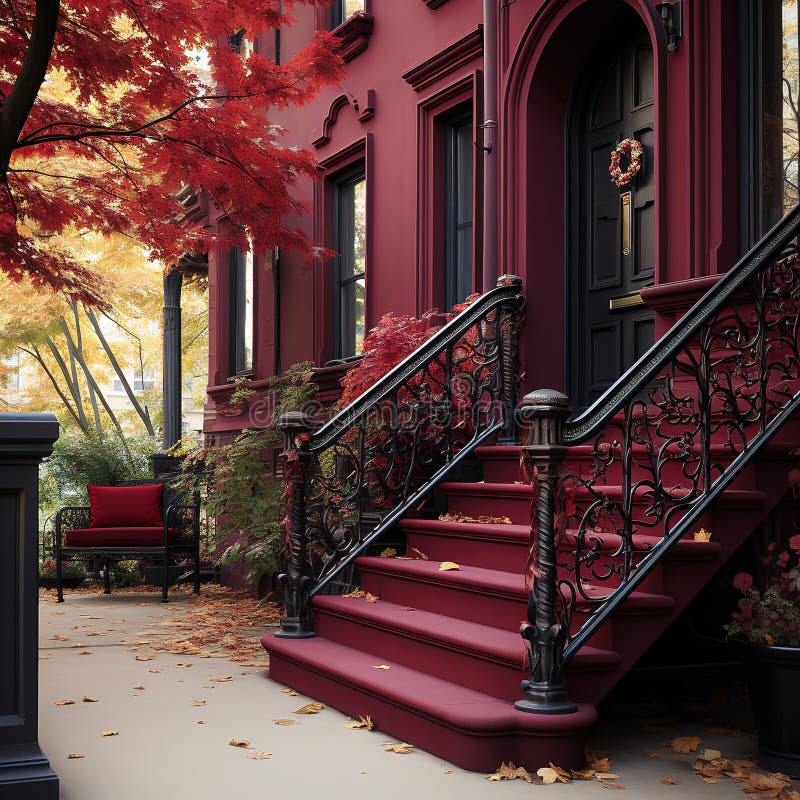 Elegance in Red: Dark Red House with Inviting Stairs Stock Illustration ...