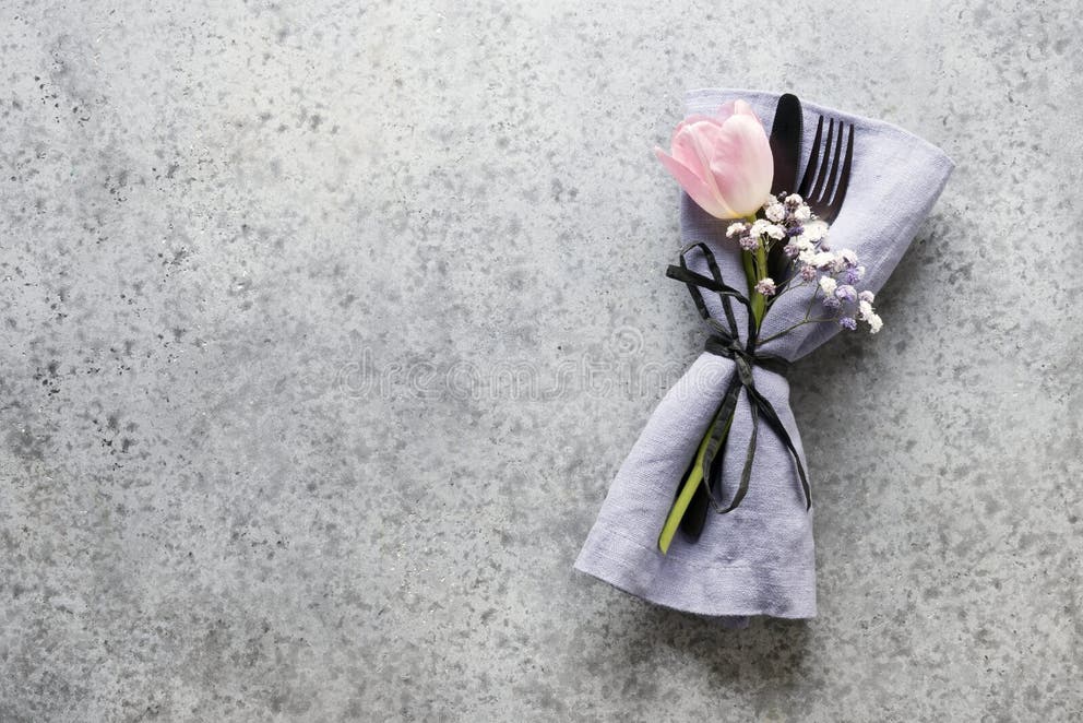 Elegance Spring Table Setting with Pink Tulip on Grey. Easter Dinner ...