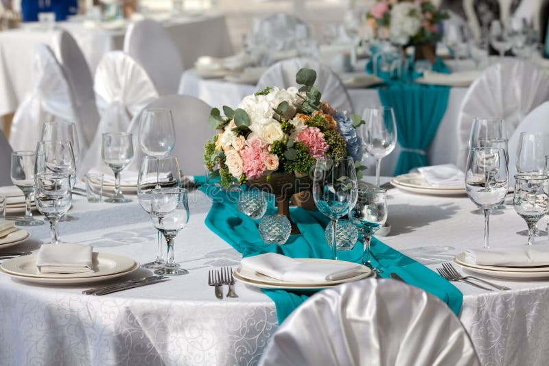 Elegance Table Set Up for Wedding in Turquoise Stock Image - Image of ...