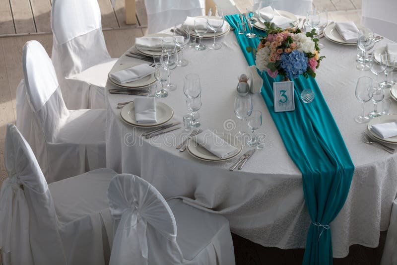 Elegance Table Set Up for Wedding in Turquoise Top View Stock Photo ...